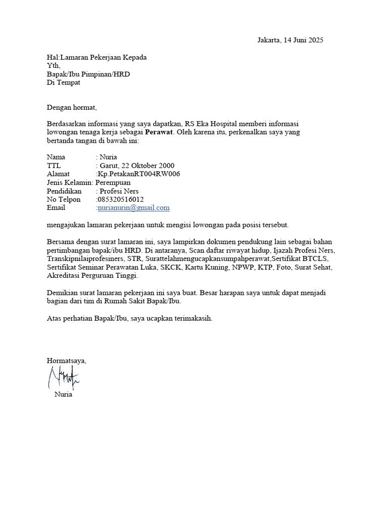 Surat Lamaran Rs Eka Hospital 2 | PDF