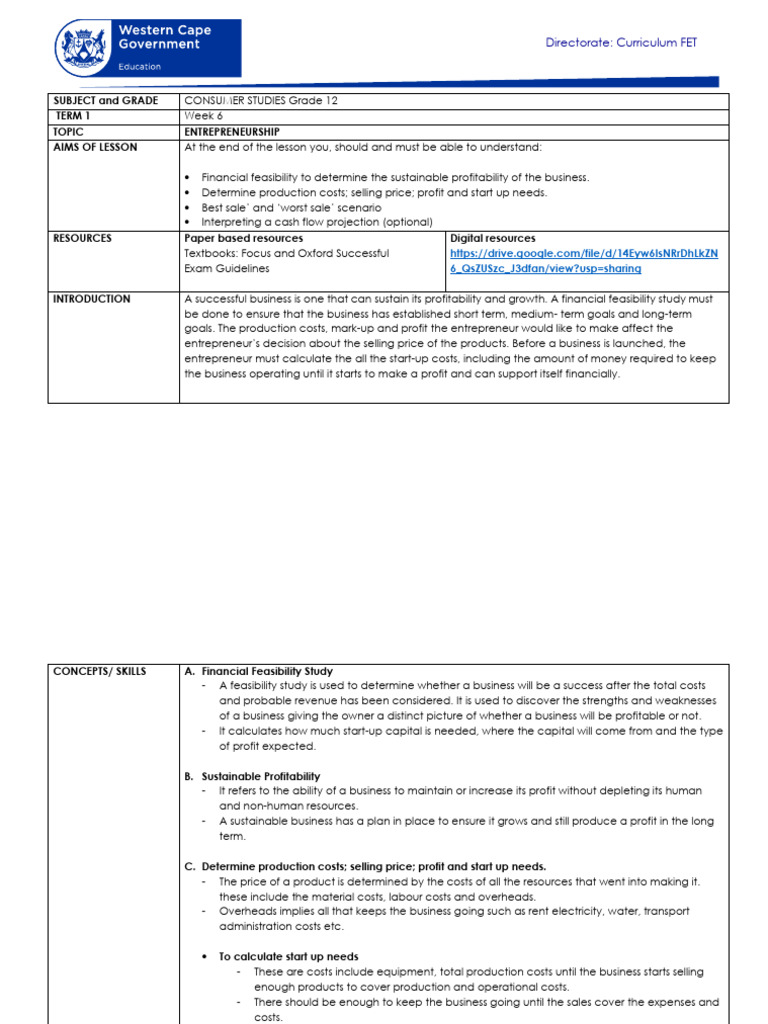 Grade 12 Consumer Studies: Entrepreneurship | PDF | Cost Of Goods Sold ...