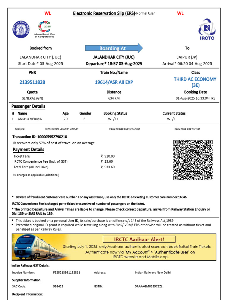 19614/ASR AII EXP Third Ac Economy (3E) : WL WL | PDF | Identity ...