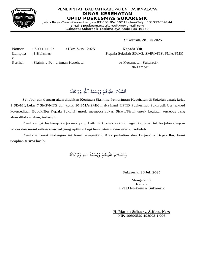 Surat Undangan Sekolah Penjaringan Dan PKG | PDF