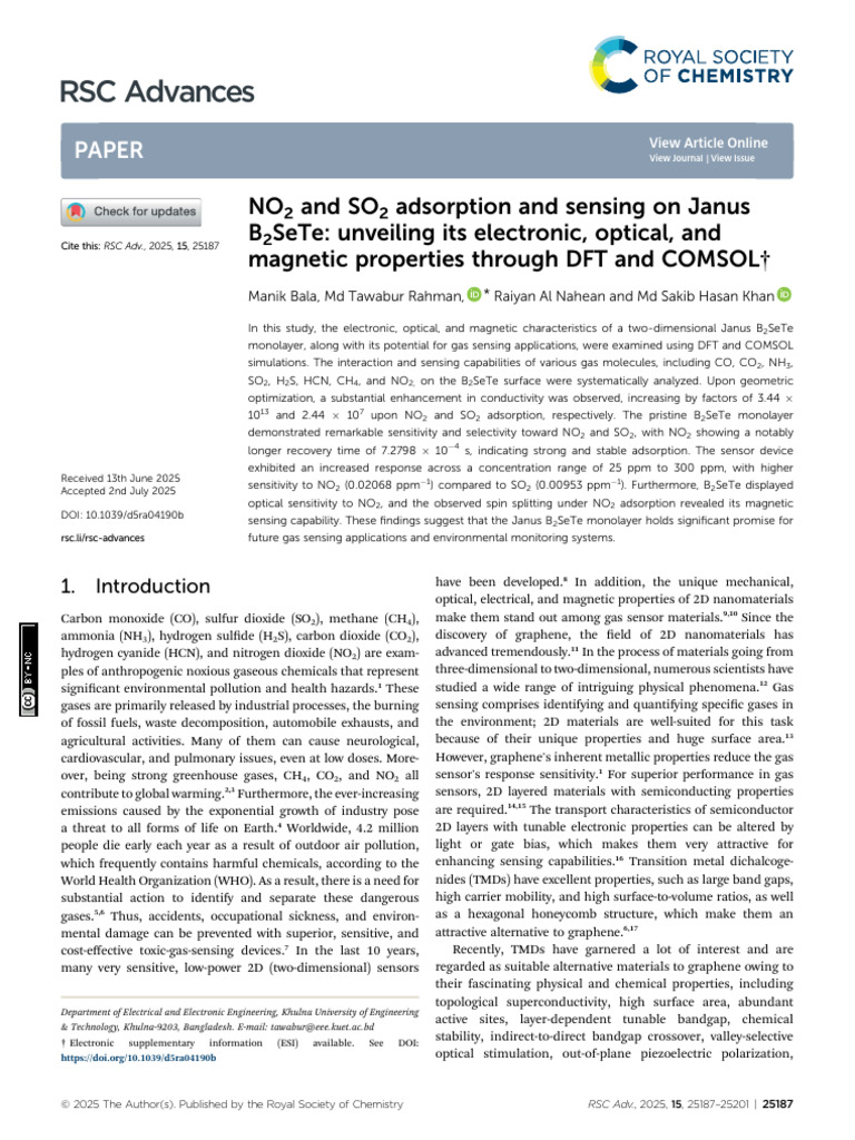 NO2 and SO2 Adsorption and Sensing On Janus B2SeTe: Unveiling Its ...