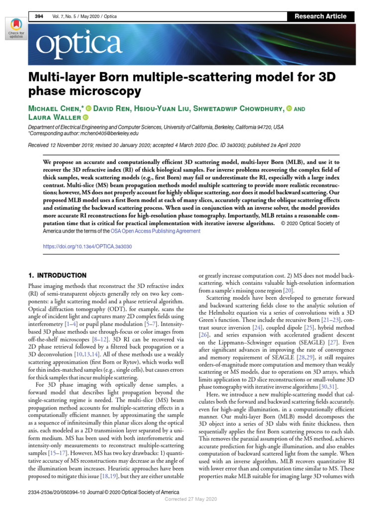 Multi-Layer Born Multiple-Scattering Model For 3D Phase Micros | PDF | Scattering | Optics