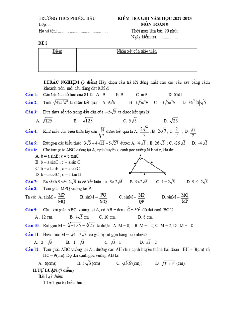 De Giua Hk1 Toan 9 Nam 2022 2023 Truong Thcs Phuoc Hau Vinh Long | PDF