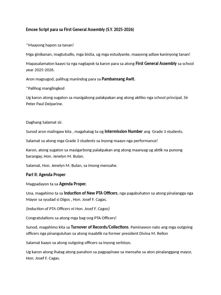 Emcee Script para Sa First General Assembly | PDF
