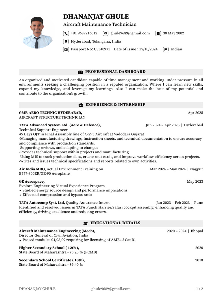 Dhananjay Ghule Flowcv Resume 20250705 | PDF | Engineering | Aviation