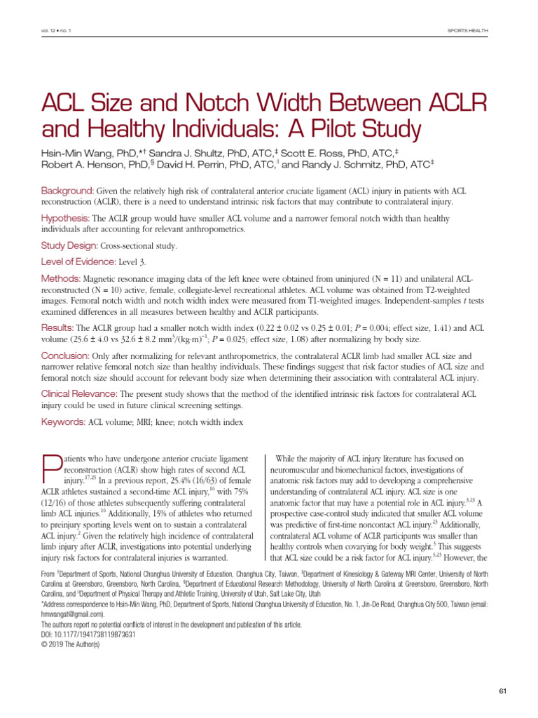 ACL Volume and Notch Width in ACLR | PDF | Clinical Medicine | Knee