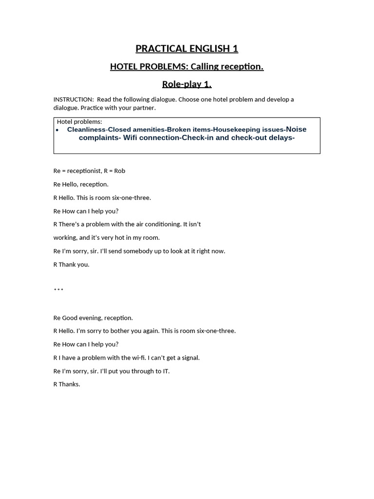 Hotel Problems: Reception Dialogues | PDF