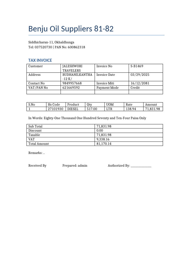 Diesel Invoice for Jaleshwori Travelers | PDF