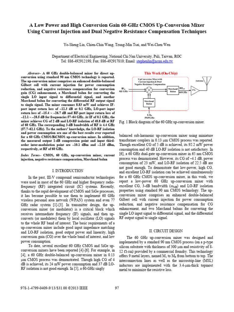 A Low Power and High Conversion Gain 60-GHz CMOS Up-Conversion Mixer Using Current Injection and ...