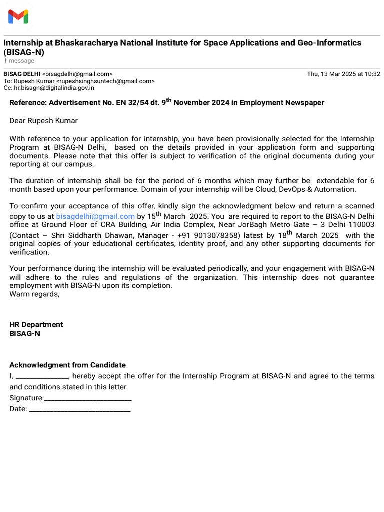 BISAG-N Internship Offer 2025 | PDF