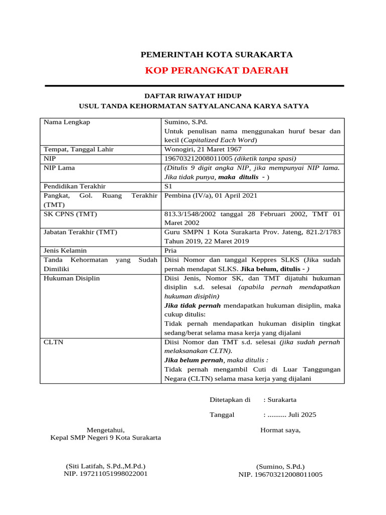 Format DRH Usulan Satyalancana | PDF