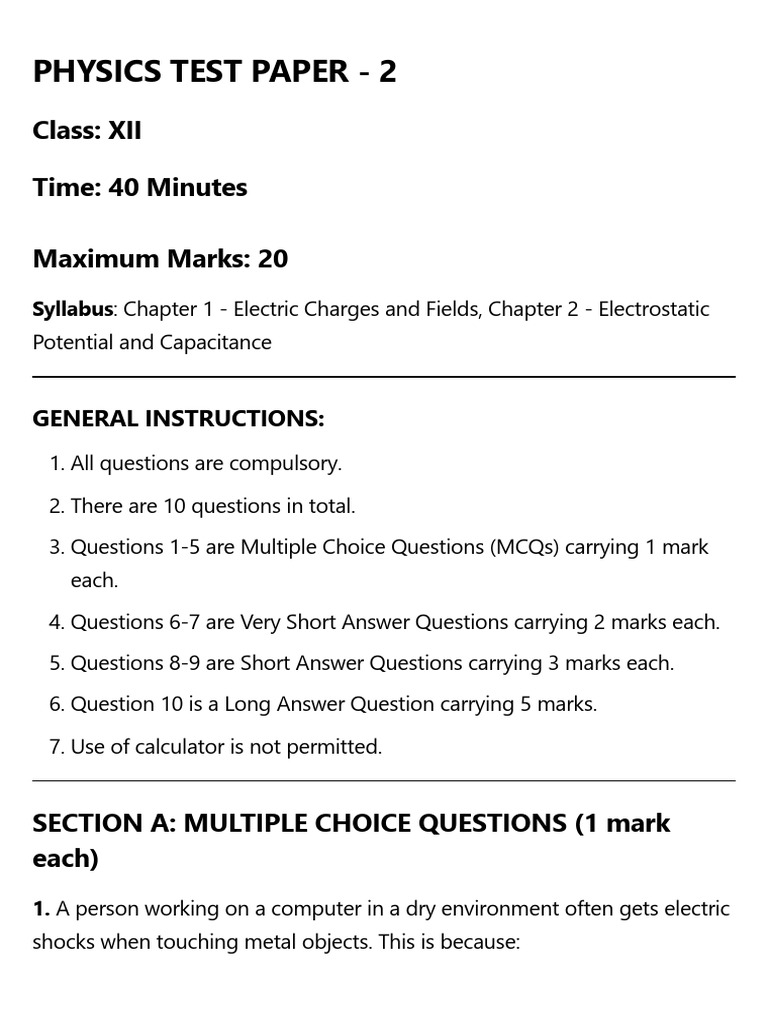 Physics Test Paper 2 - Class 12 (Electrostatics) | PDF | Capacitor ...