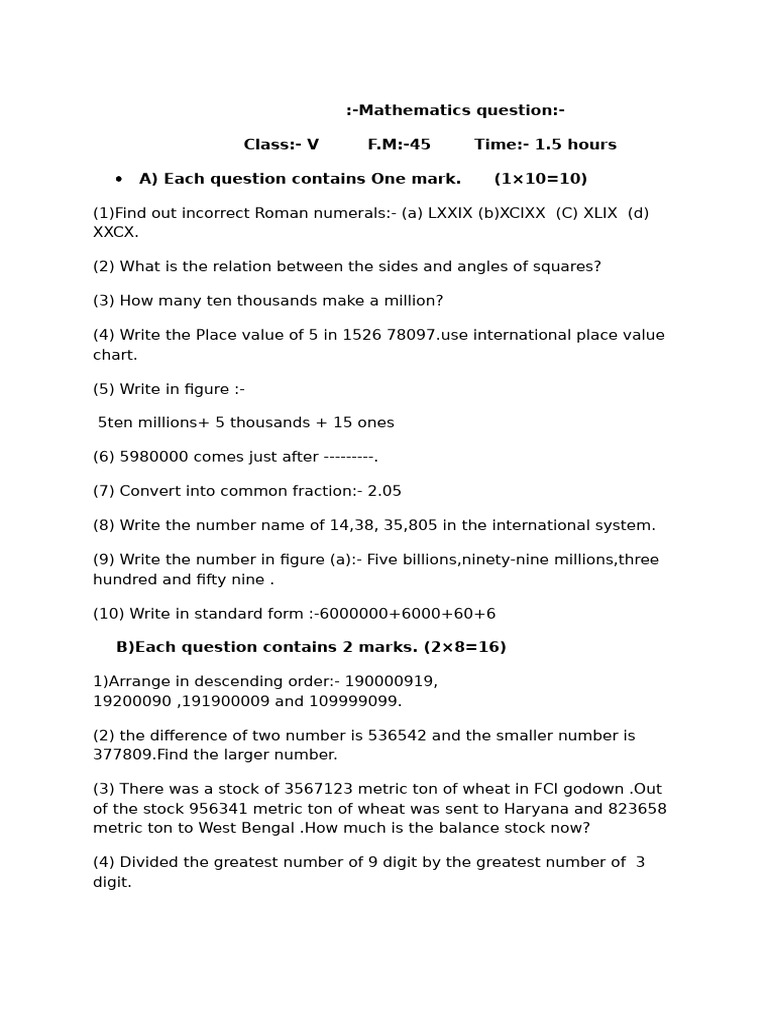 Question Paper Unit 1 Class 5 | PDF