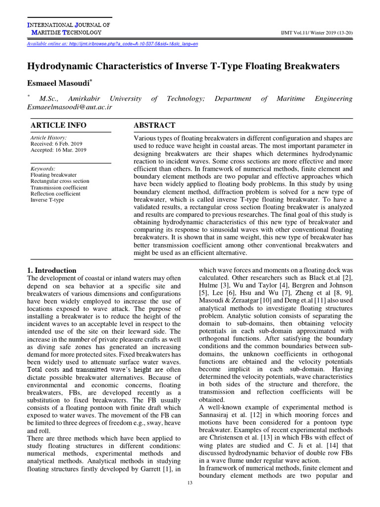 Hydrodynamic Characteristics of Inverse T Type Floating 3ea9kkq4dg | PDF | Waves | Diffraction