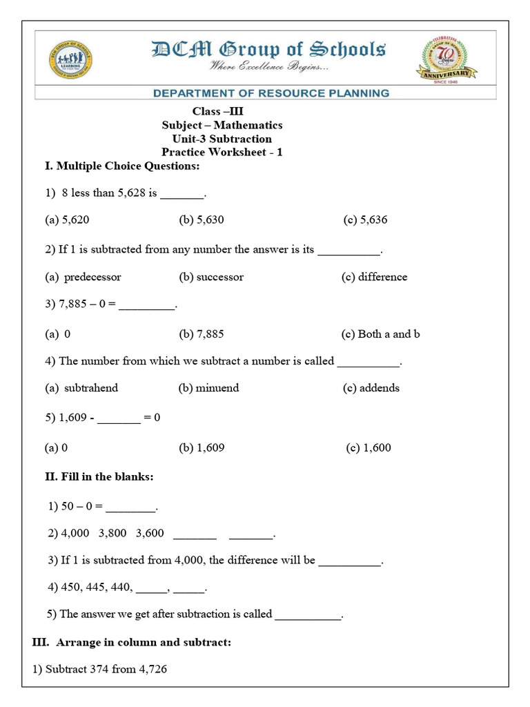 Resource 20250710081230 Class-III Subtraction Maths Practice Worksheet 1 | PDF