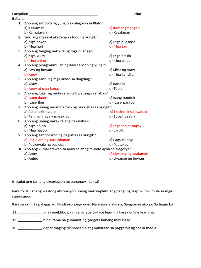 Filipino 10 Quiz 1&2 | PDF