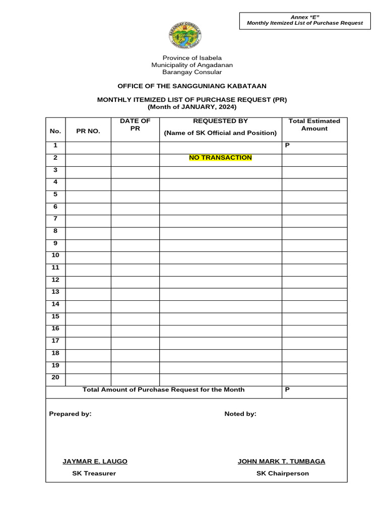 3.7 SK MC Annex e Monthly Itemized Purchase Request SKFPD Policy Template 1 1 | PDF | Youth ...