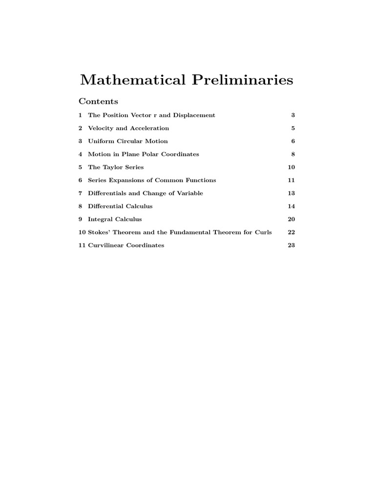 01 Mathematical Preliminaries | PDF | Velocity | Acceleration