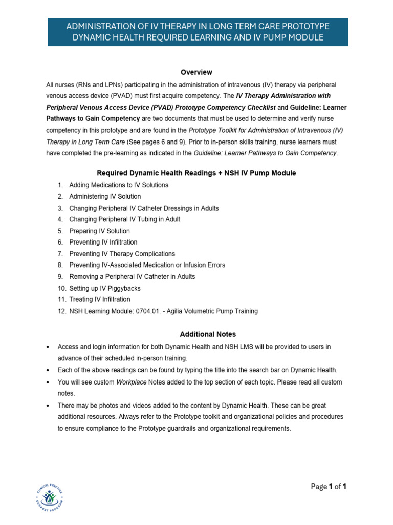 IV Therapy Prototype - Competency - Required Dynamic Health Readings | PDF