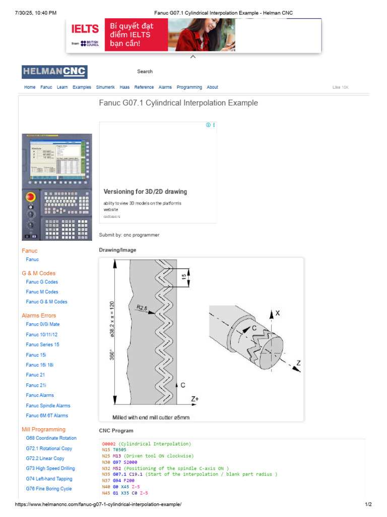 Fanuc G07.1 Cylindrical Interpolation Example - Helman CNC | PDF | Metalworking | Cutting