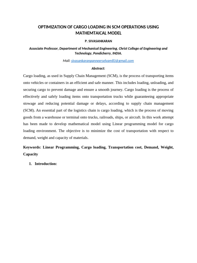 Optimization of Cargo Loading in SCM Operations Using Mathemtaical Model | PDF