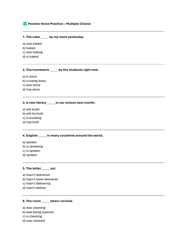 Passive Voice Multiple Choice Quiz | PDF