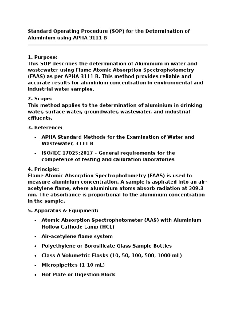 Aluminium Determination SOP: APHA 3111 B | PDF | Atomic Absorption ...