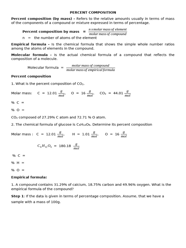 Percent Composition Hand Outs 2024 | PDF | Mole (Unit) | Chemistry