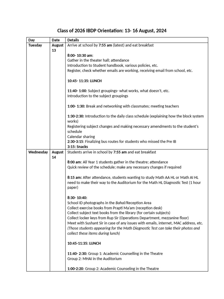 Class of 2026 IBDP Orientation | PDF