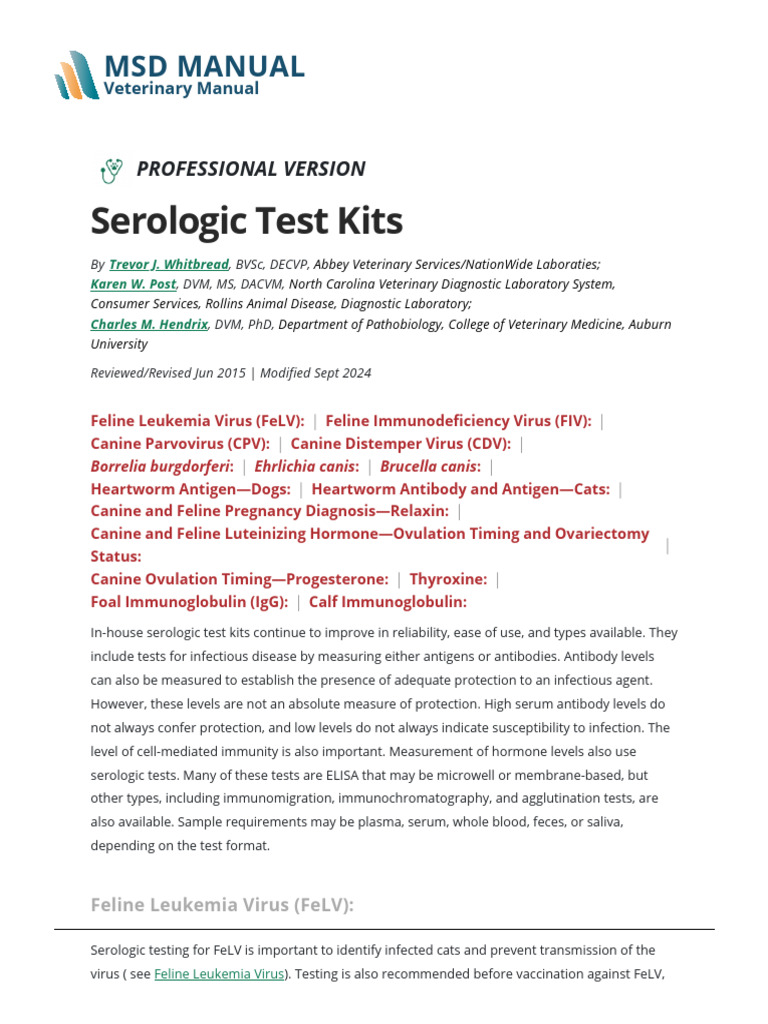 In-House Serologic Test Kits for Vets | PDF | Serology | Clinical Medicine