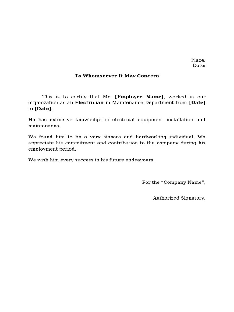 Electrician Experience Certificate Template | PDF