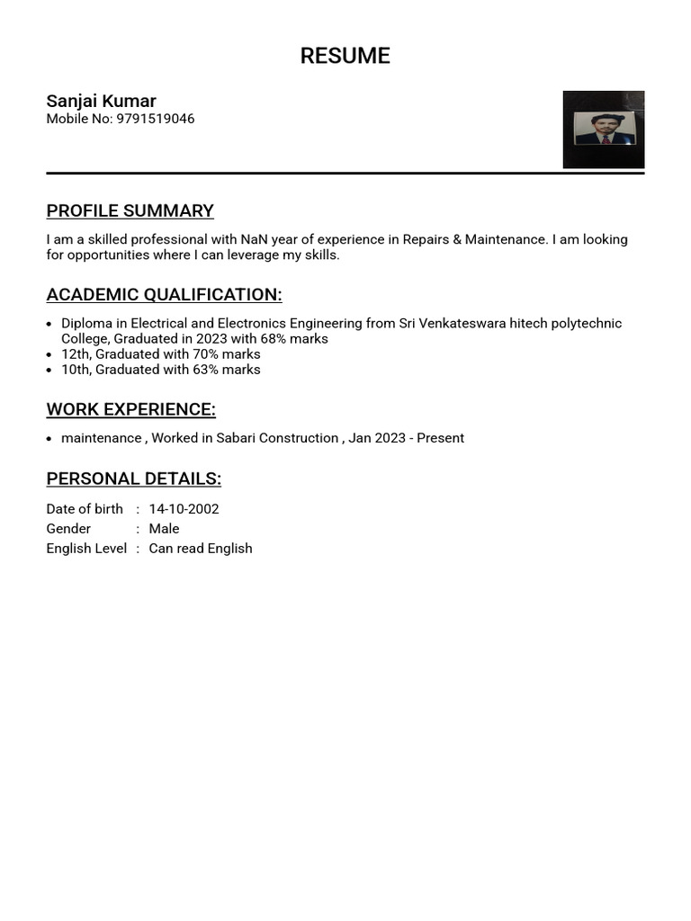 Electrical Maintenance Resume of Sanjai Kumar | PDF