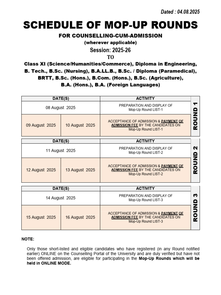 Schedule of Mop-Up Rounds: Session: 2025-26 | PDF | Higher Education ...