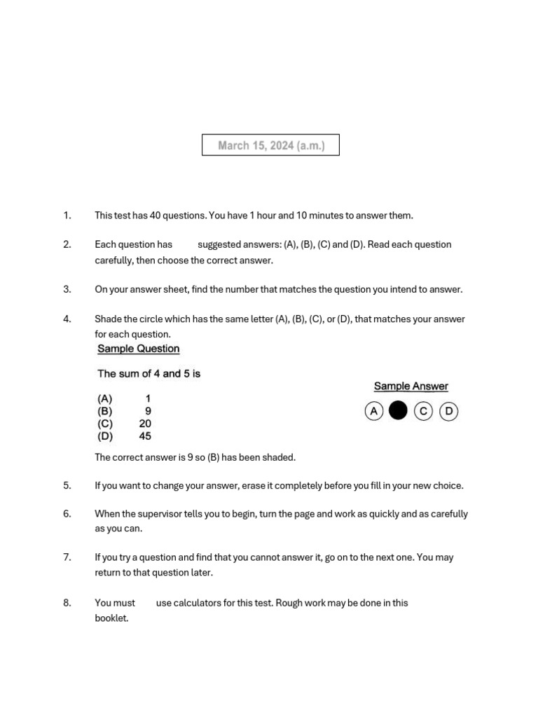 2024 Common Entrance Math Mock Exam | PDF