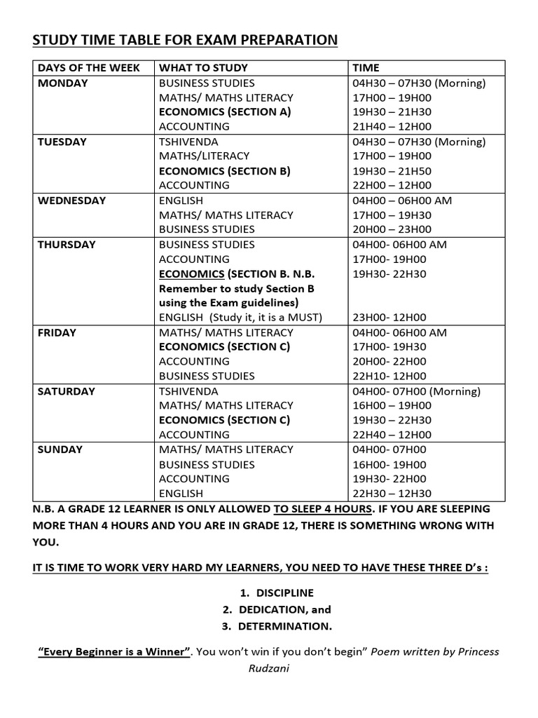 Study Time Table For Mid-Exam Preparations | PDF