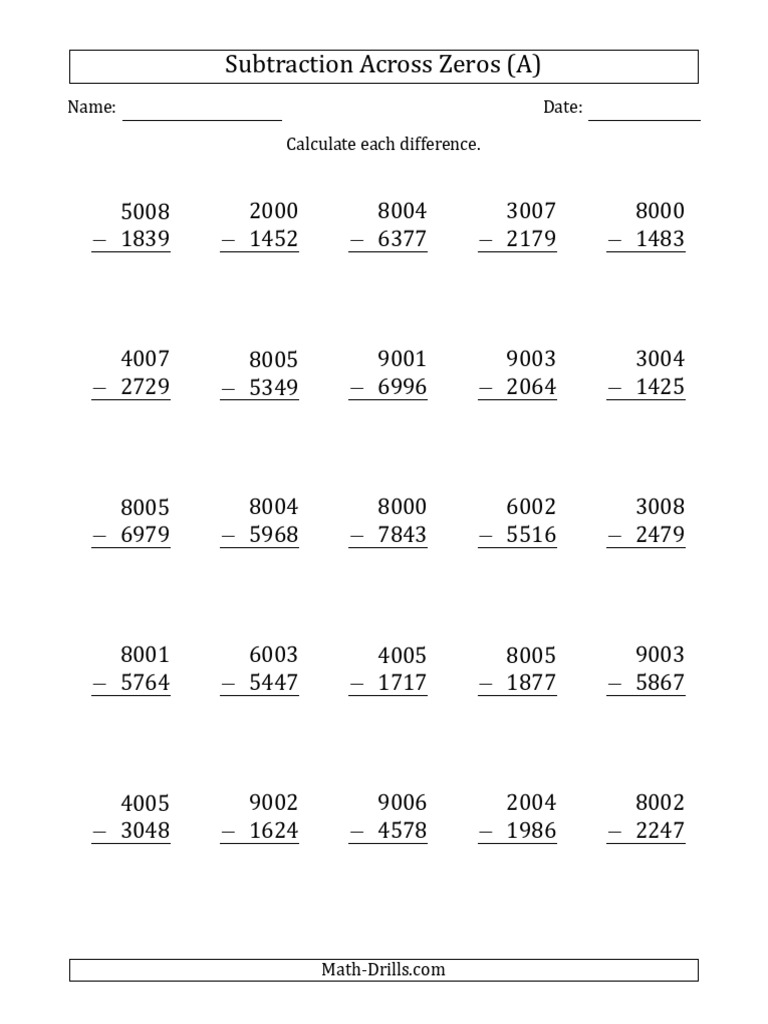 4-Digit Subtraction Across Zeros Worksheet | PDF