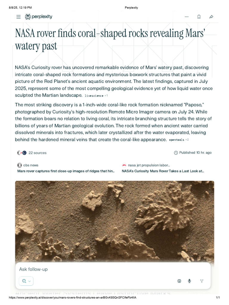 NASA Rover Finds Coral-Shaped Rocks Revealing Mars' Watery Past | PDF