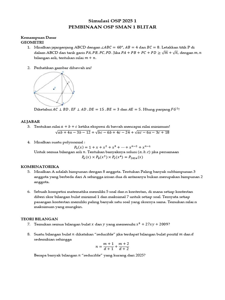Simulasi OSP 2025 1 SMA Soal Saja | PDF