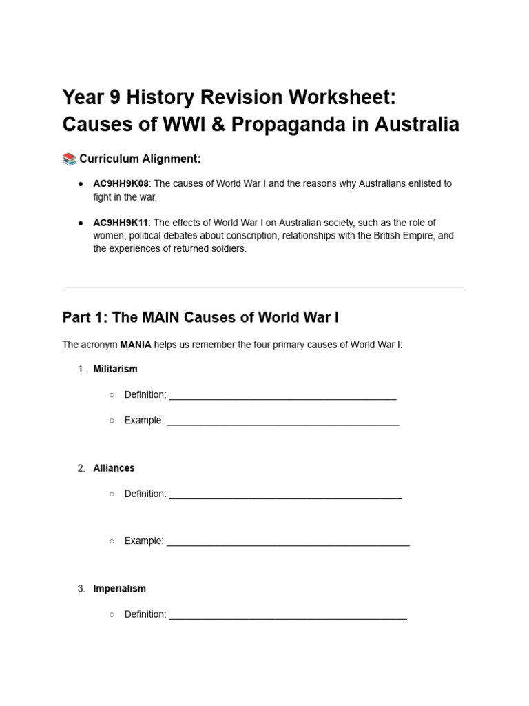 Year 9 History Revision Worksheet | PDF | Propaganda | World War I
