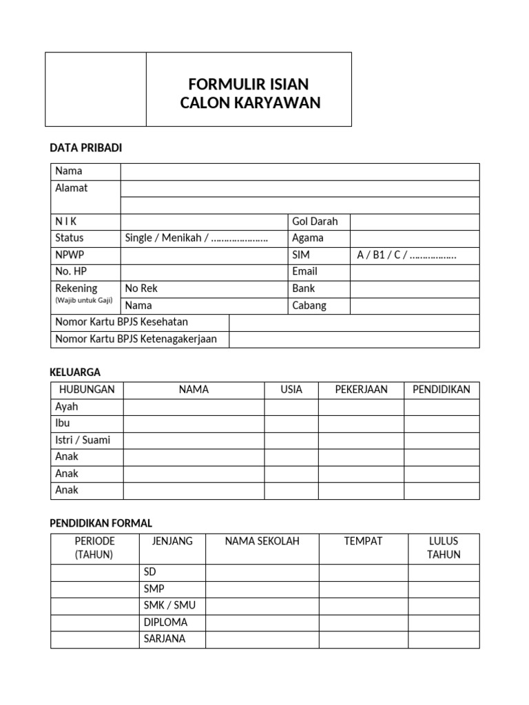 Formulir Isian Calon Karyawan AAG | PDF