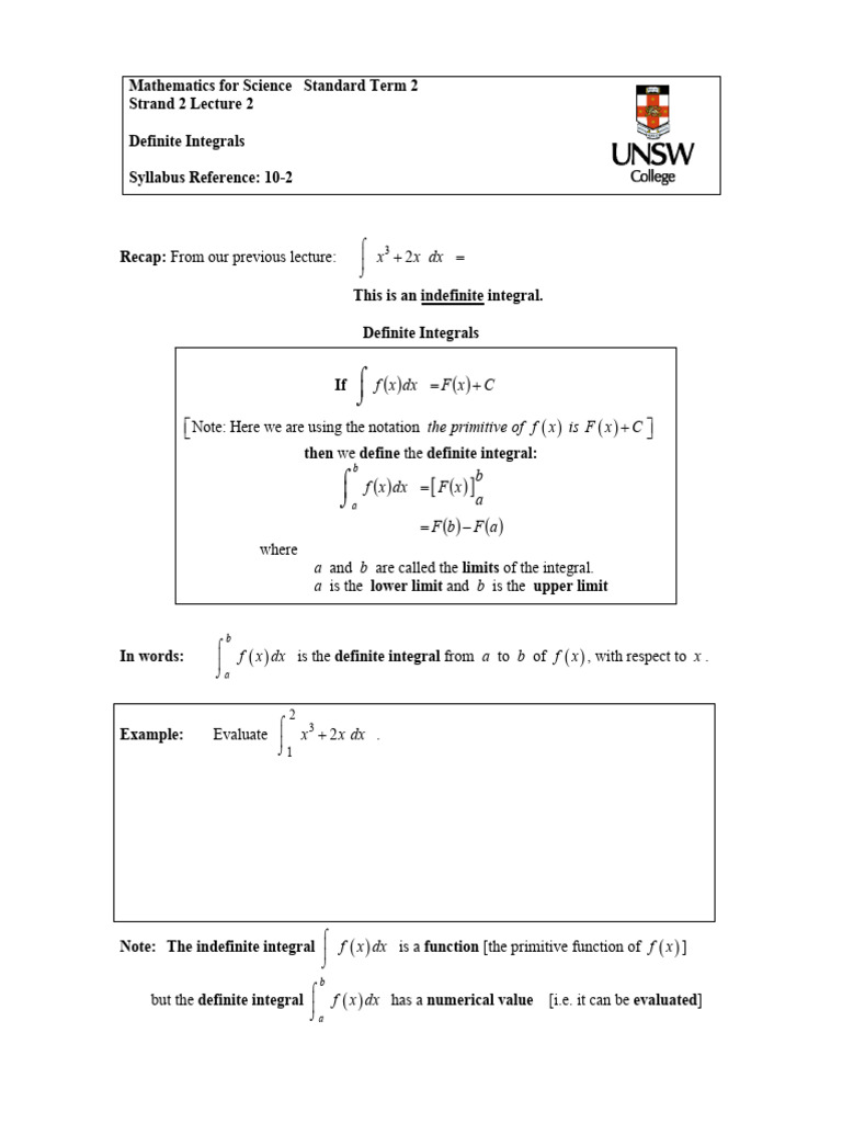 L02 Definite Integrals Write On | PDF | Integral | Function (Mathematics)
