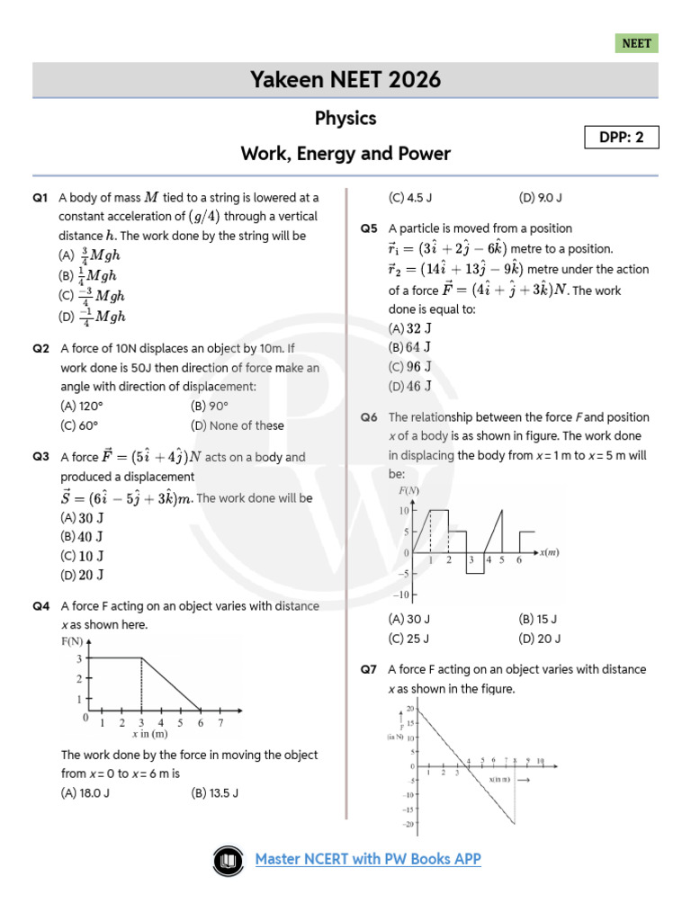 Work, Energy and Power DPP 02 (Of Lec-03) Yakeen NEET 2 | PDF | Force ...