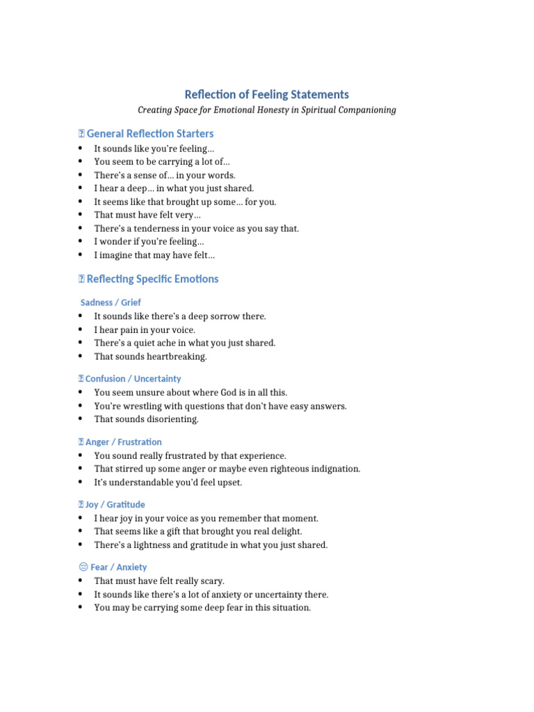 Reflection of Feeling Statements Handout | PDF