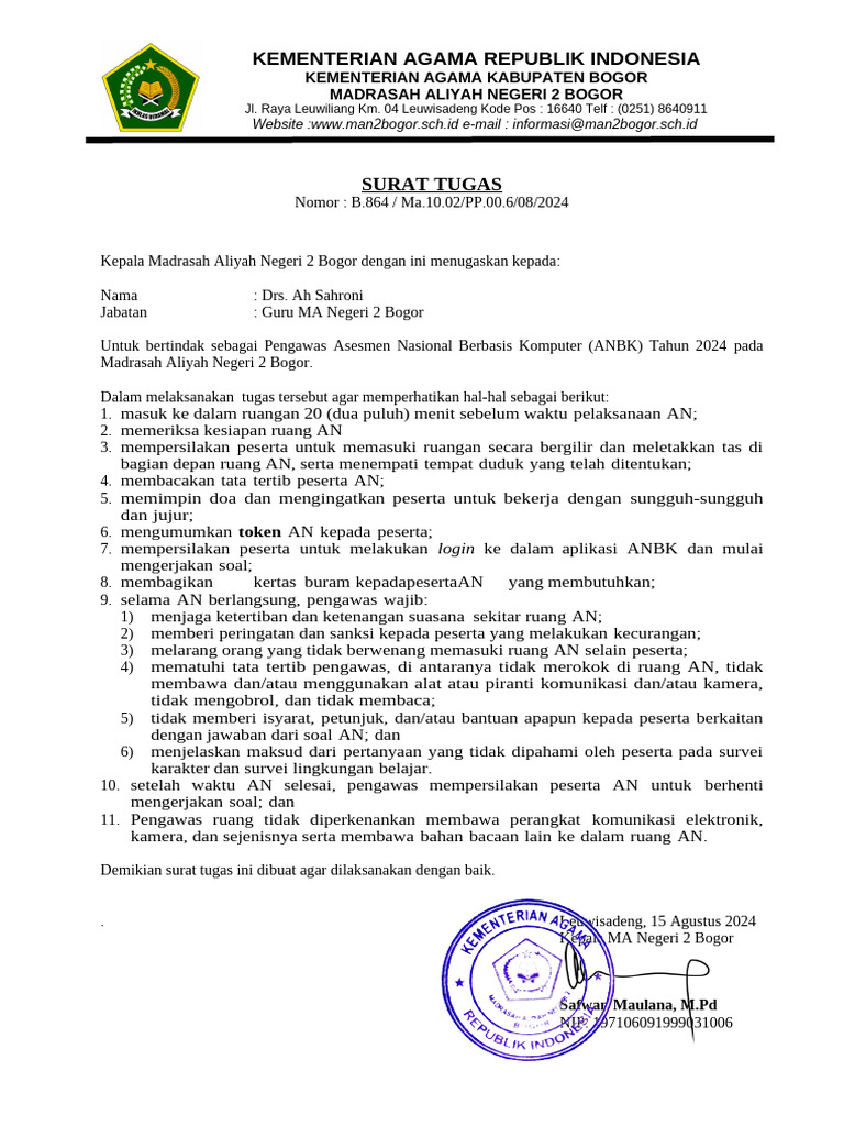 Surat Tugas Pengawasan ANBK 2024 - Ah Sahroni | PDF