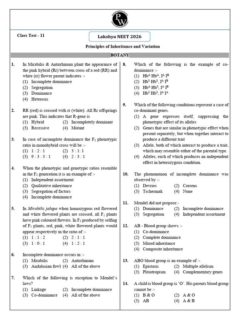 Inheritance and Variation Test Questions | PDF | Dominance (Genetics ...
