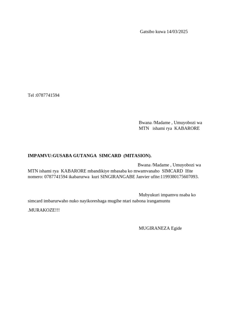 Gusaba Mitasion Ya Simcard | PDF
