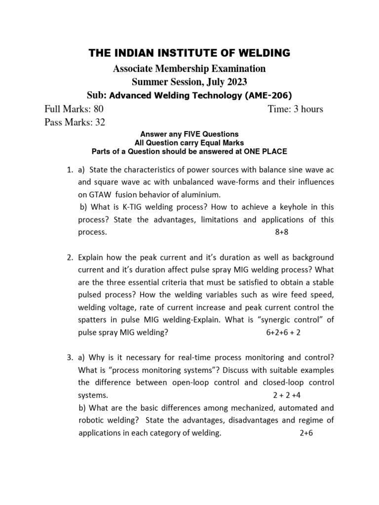 Summer Session 2023 24 Question Papers | PDF | Welding | Construction