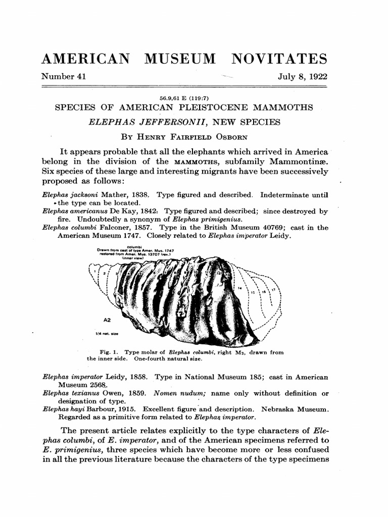 Osborn 1922 Species of American Pleistocene Mammoths | PDF