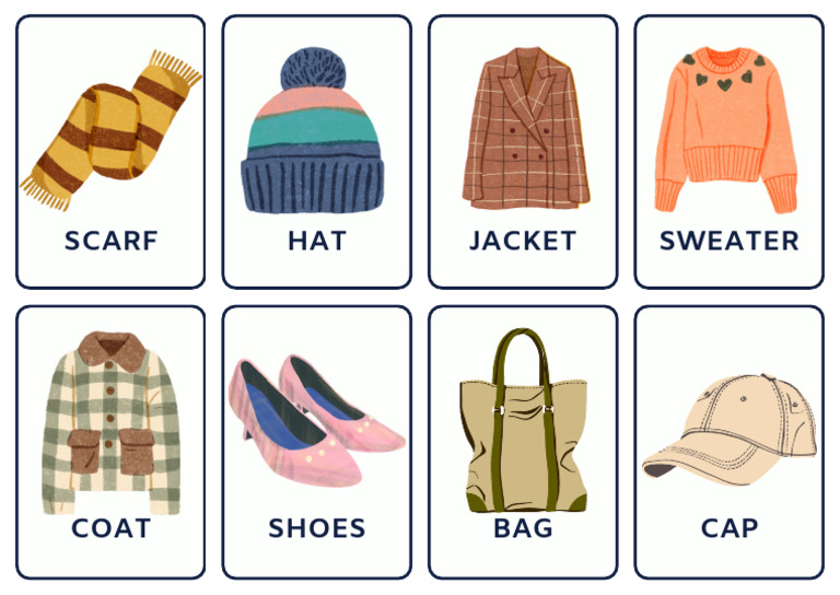 Colourful Illustrative English Winter Clothes Flashcards | PDF
