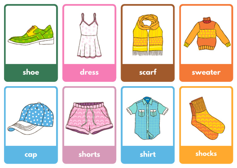 English Clothes Education Flashcards in Pink Orange Illustrative Style ...